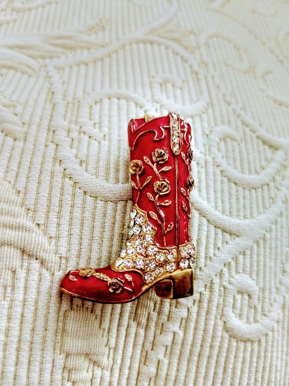 Vintage Sparkling Red Western Boots Brooch/Gold Metal… - Gem