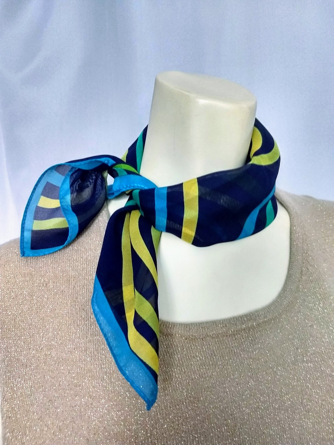 Small Square Neck Wrap Scarf/jons of NEW YORK Geometric Pattern Navy ...