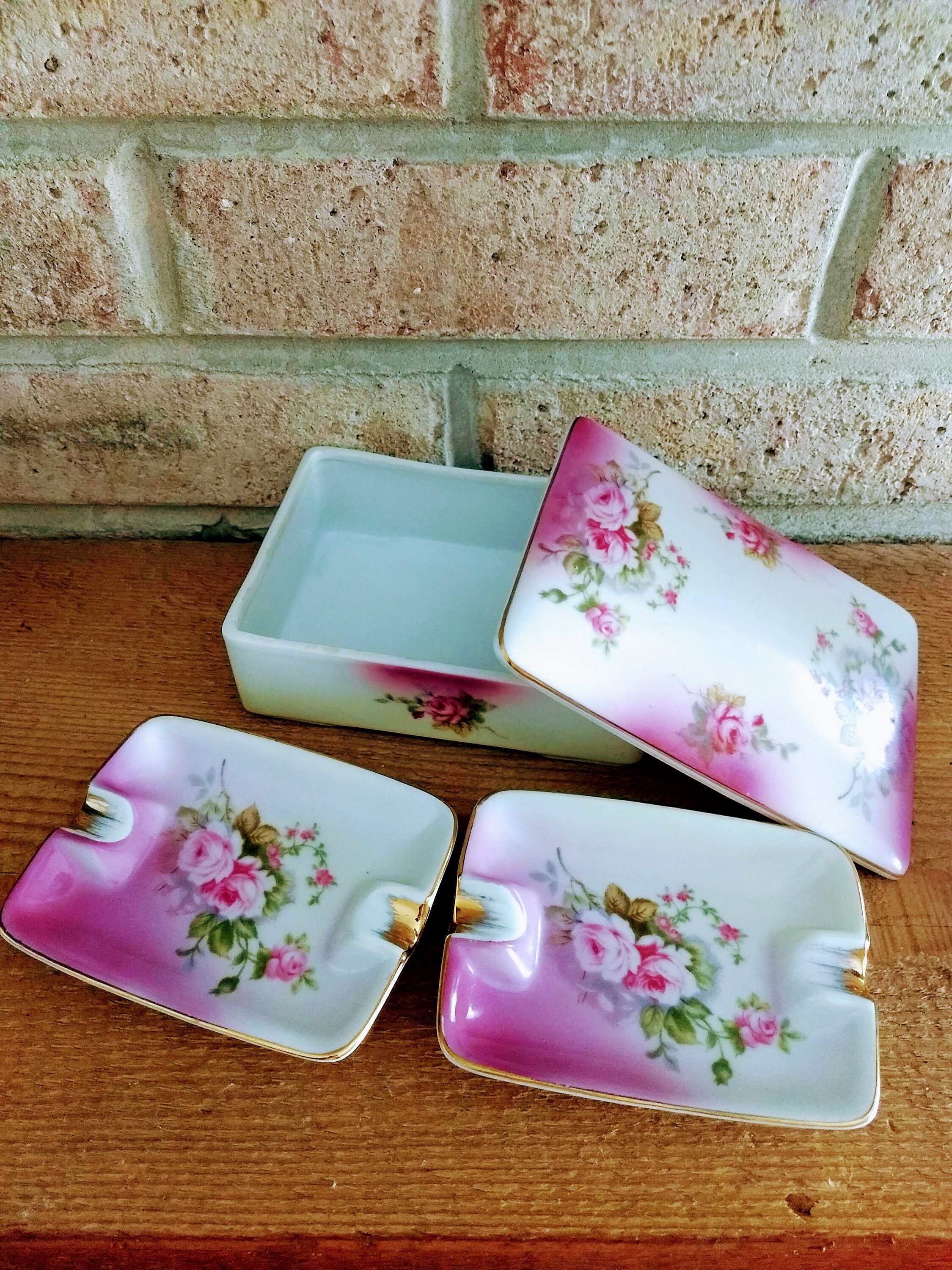 Authentic LEFTON China Porcelain Ashtray Set,hand Painted Cigarette Box ...