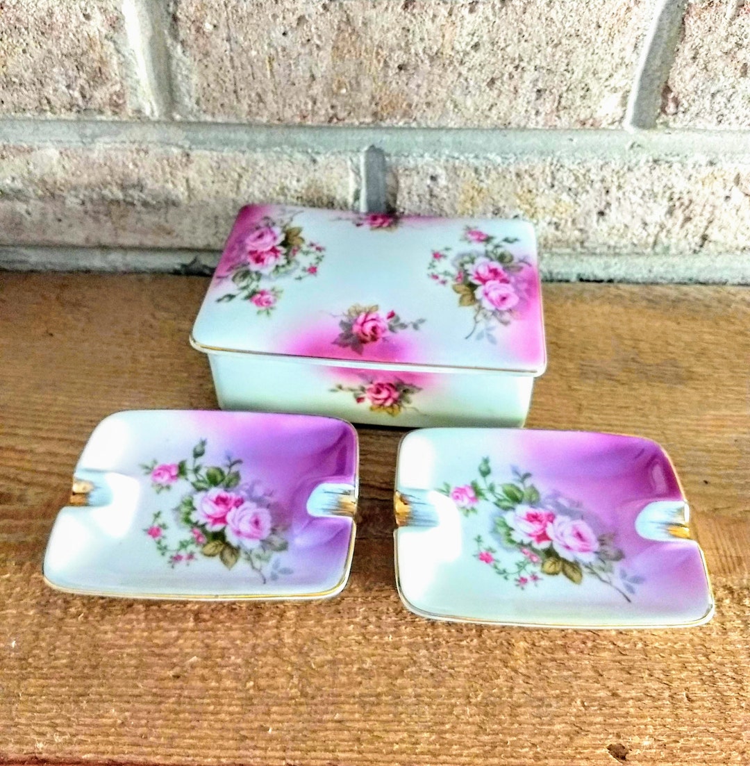 Authentic LEFTON China Porcelain Ashtray Set,hand Painted Cigarette Box ...