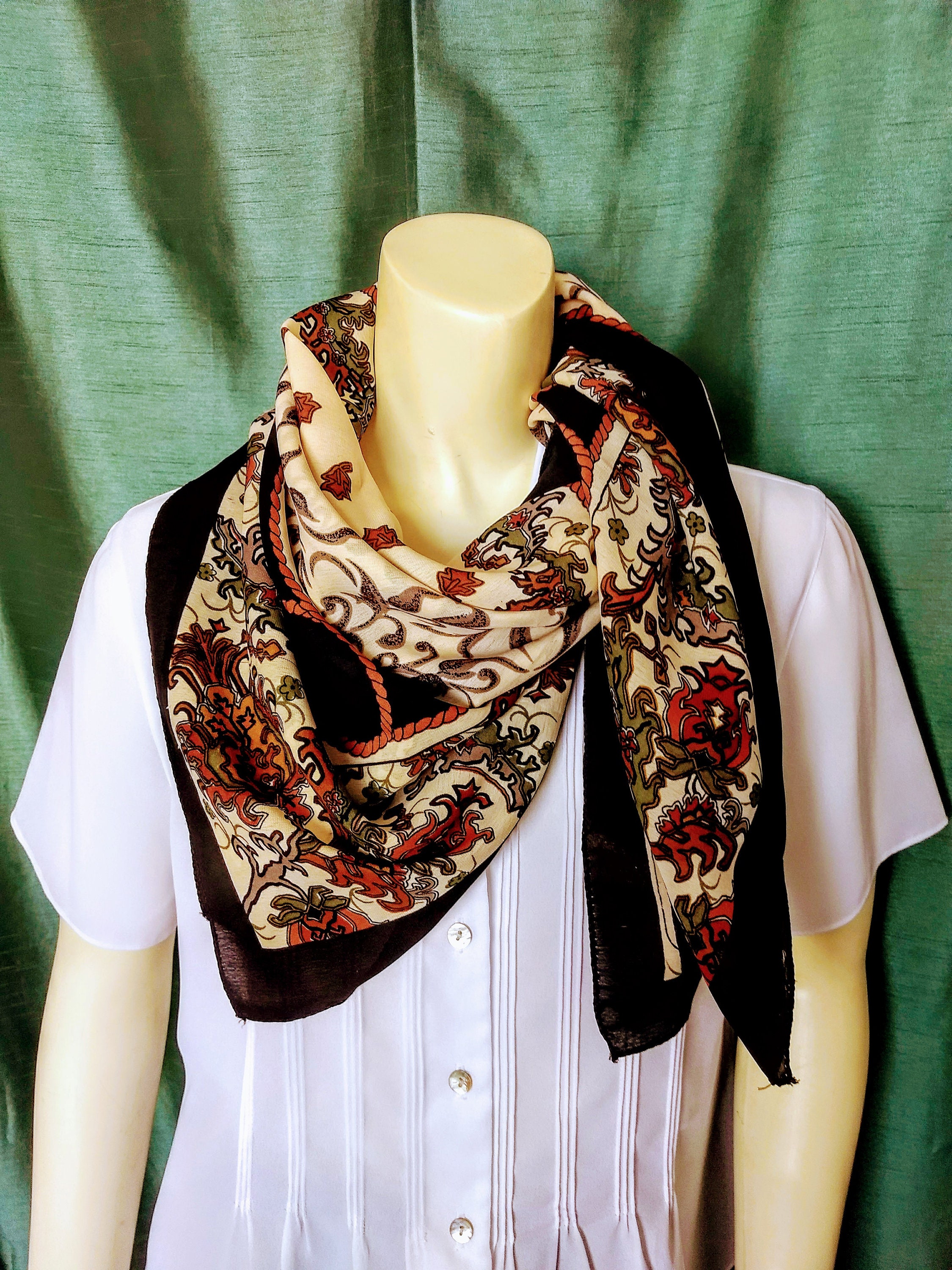 PURE SILK Big Square NUREL Scarf/classic Botanical Black White Amber ...