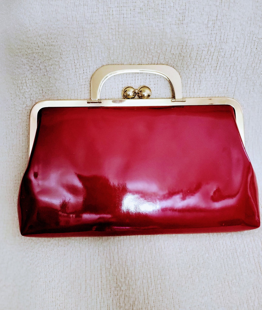 Vintage Red Lacquered Leather Hand Bag/deep Red Shoulder Bag/elegant ...