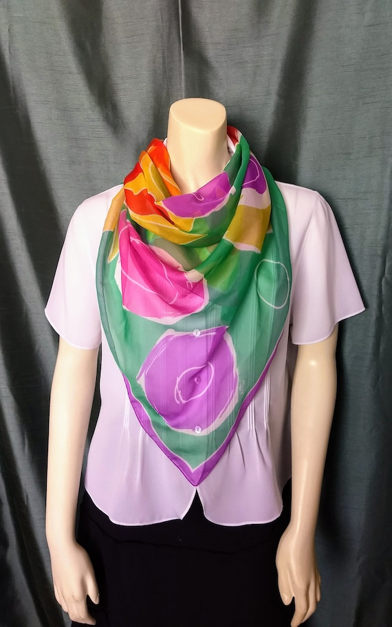 ITALIAN Big Square Scarf/Unique Modern Flowers Multic… - Gem