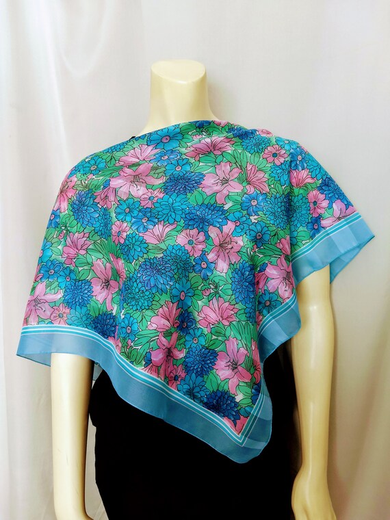 ITALIAN Square Spring Scarf/Blue and Pink Floral Prin… - Gem