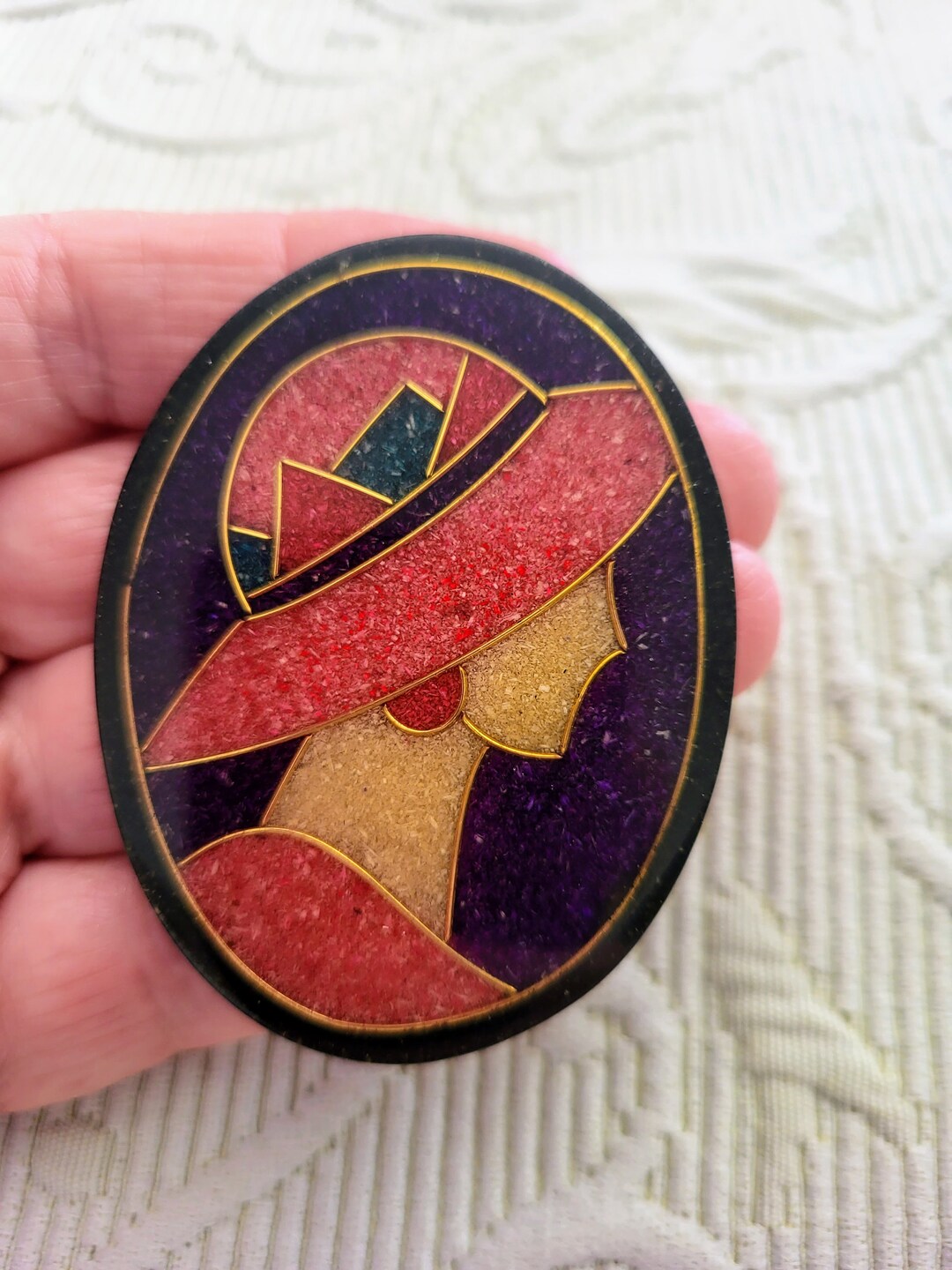 LEE SANDS Women in Hat Inlay Brooch/vintage Rare Find Large Black Oval ...