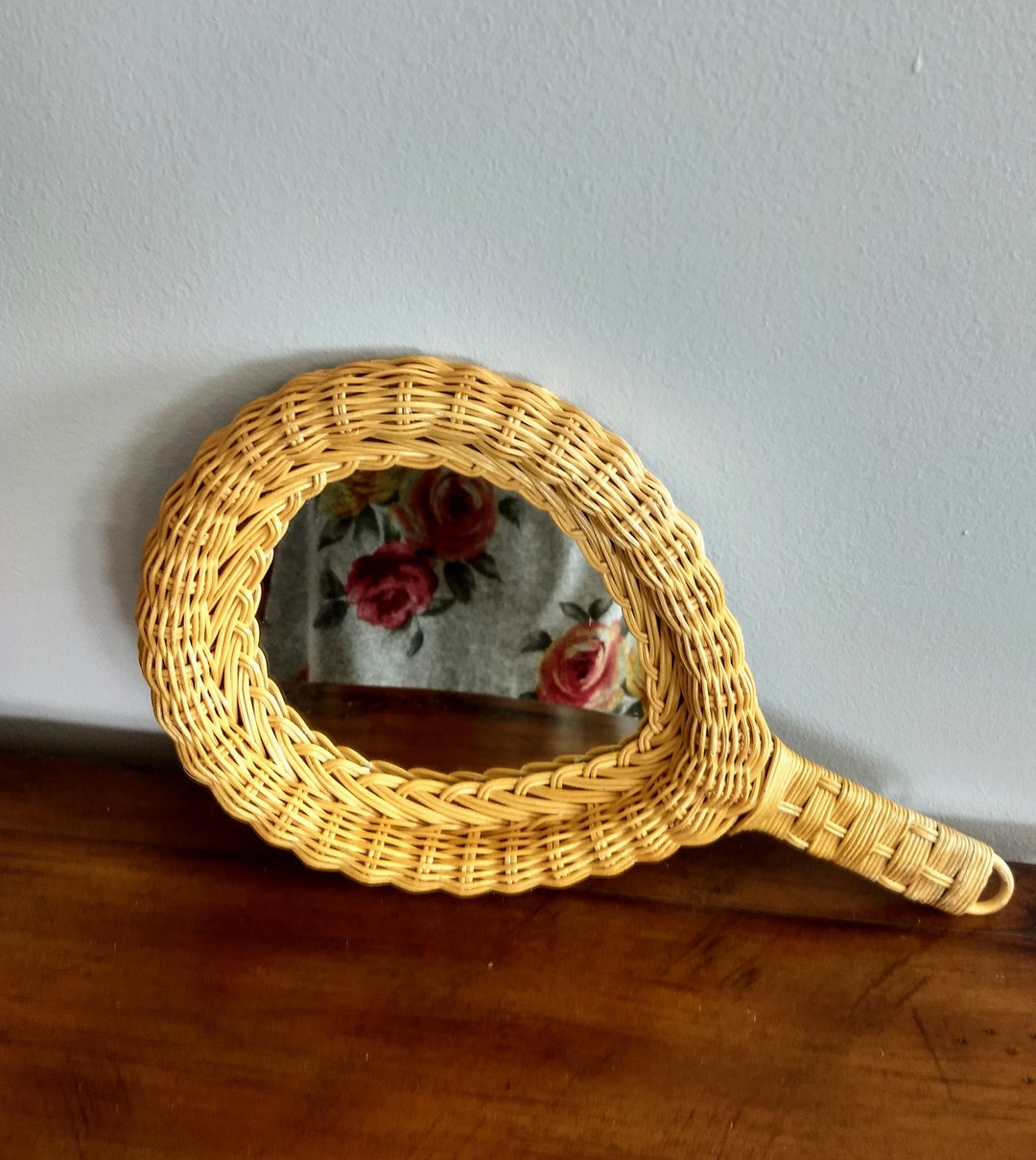 Natural Wicker Hand Mirror/vintage Hand Woven Tear Drop Loop Handle ...