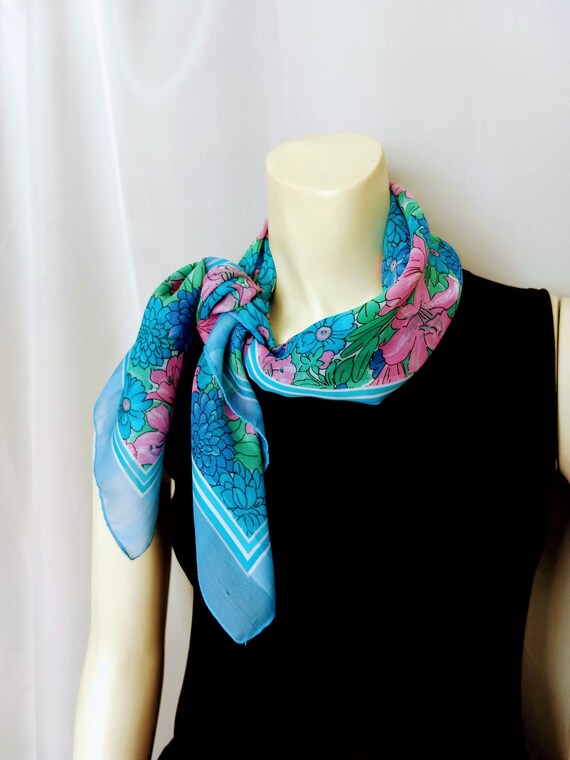 ITALIAN Square Spring Scarf/Blue and Pink Floral Prin… - Gem