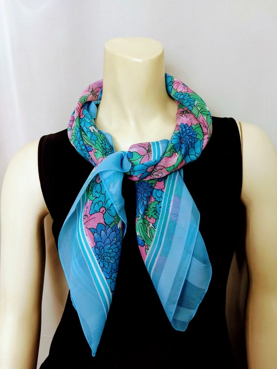 ITALIAN Square Spring Scarf/Blue and Pink Floral Prin… - Gem