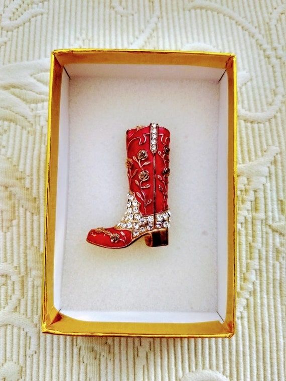 Vintage Sparkling Red Western Boots Brooch/Gold Metal… - Gem
