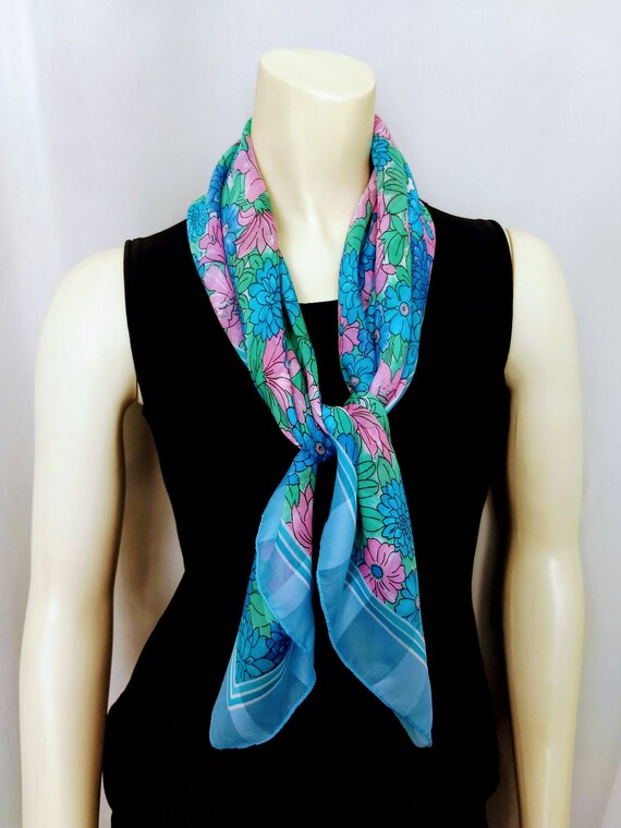ITALIAN Square Spring Scarf/Blue and Pink Floral Prin… - Gem