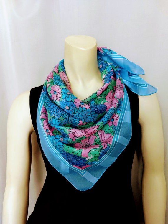ITALIAN Square Spring Scarf/Blue and Pink Floral Prin… - Gem