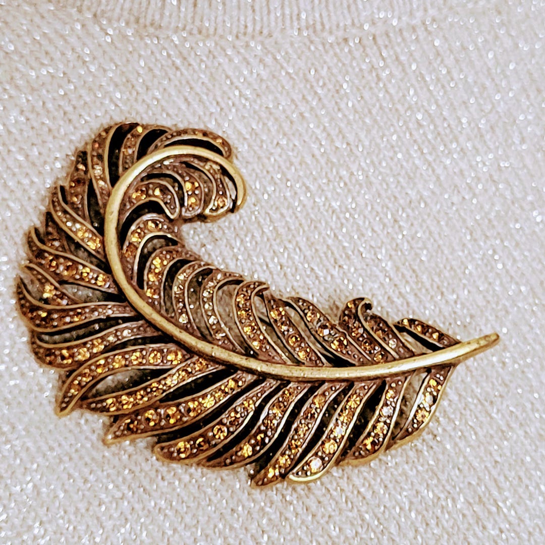 Vintage Antique Gold Feather Shape Brooch With Topaz Crystal/champagne ...