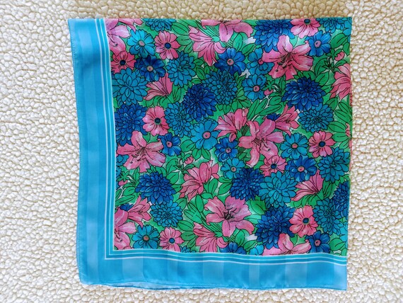 ITALIAN Square Spring Scarf/Blue and Pink Floral Prin… - Gem