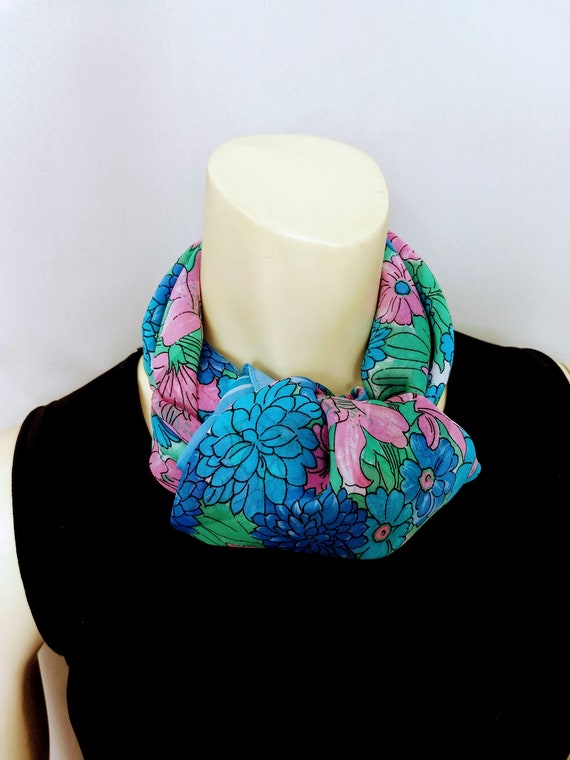 ITALIAN Square Spring Scarf/Blue and Pink Floral Prin… - Gem