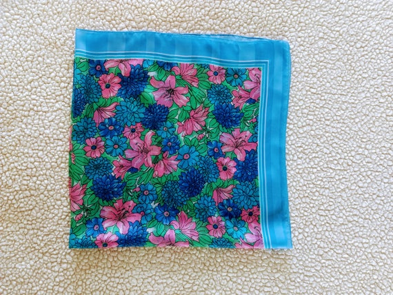 ITALIAN Square Spring Scarf/Blue and Pink Floral Prin… - Gem