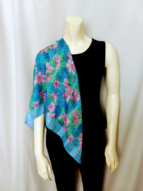 ITALIAN Square Spring Scarf/Blue and Pink Floral Prin… - Gem