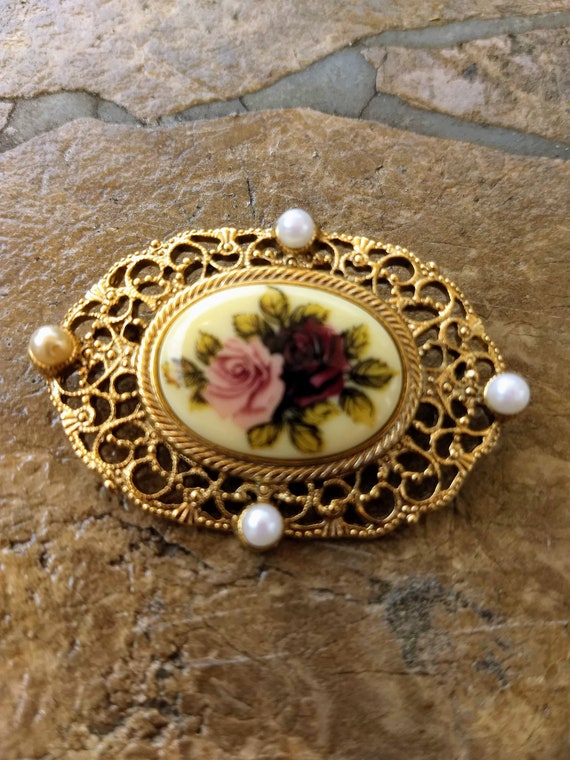 Antique Gold Victorian Rose Oval Porcelain Cabochon … - Gem