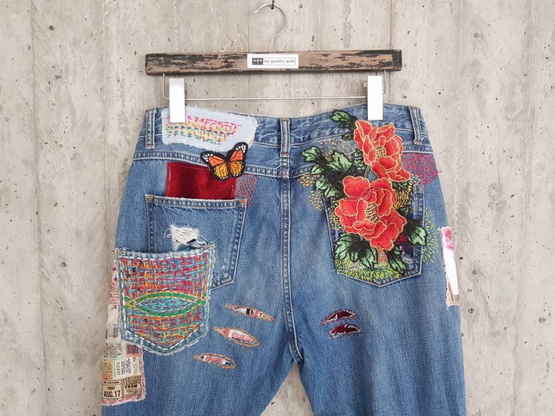 Patched Denim / Patched Jeans / Reworked Vintage Jeans With - Etsy Israel