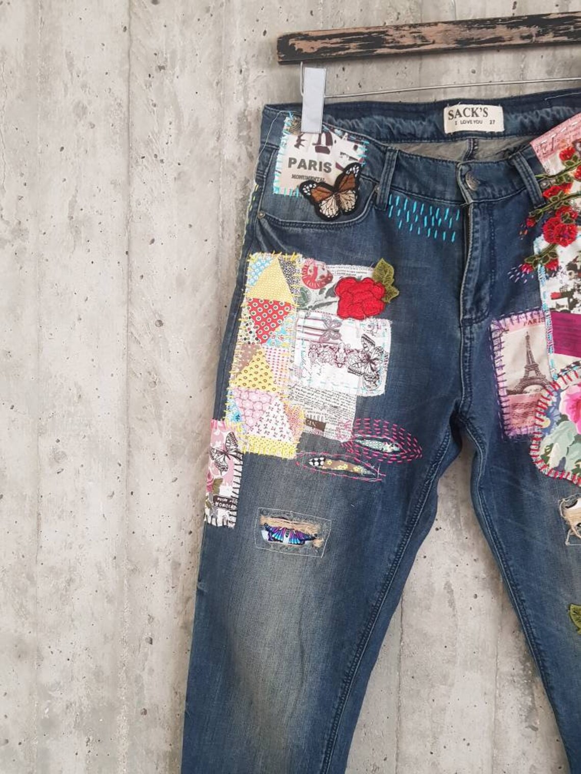 Hand Made Patched Denim Embowered Slime Jeans / Reworked - Etsy