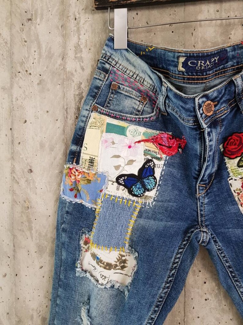 Denim Denim Jeans Lightweight Jeans Pants Patched Women - Etsy