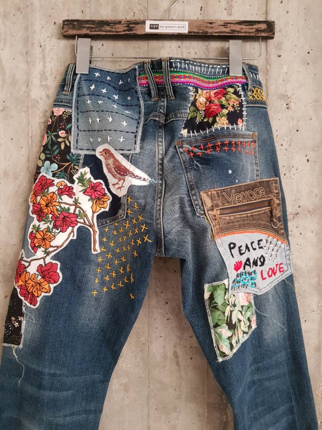 Hand Made Patched Denim Embowered Slime Jeans / Reworked Patched ...