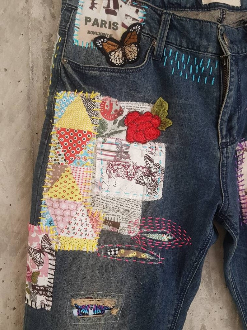 Hand Made Patched Denim Embowered Slime Jeans / Reworked - Etsy