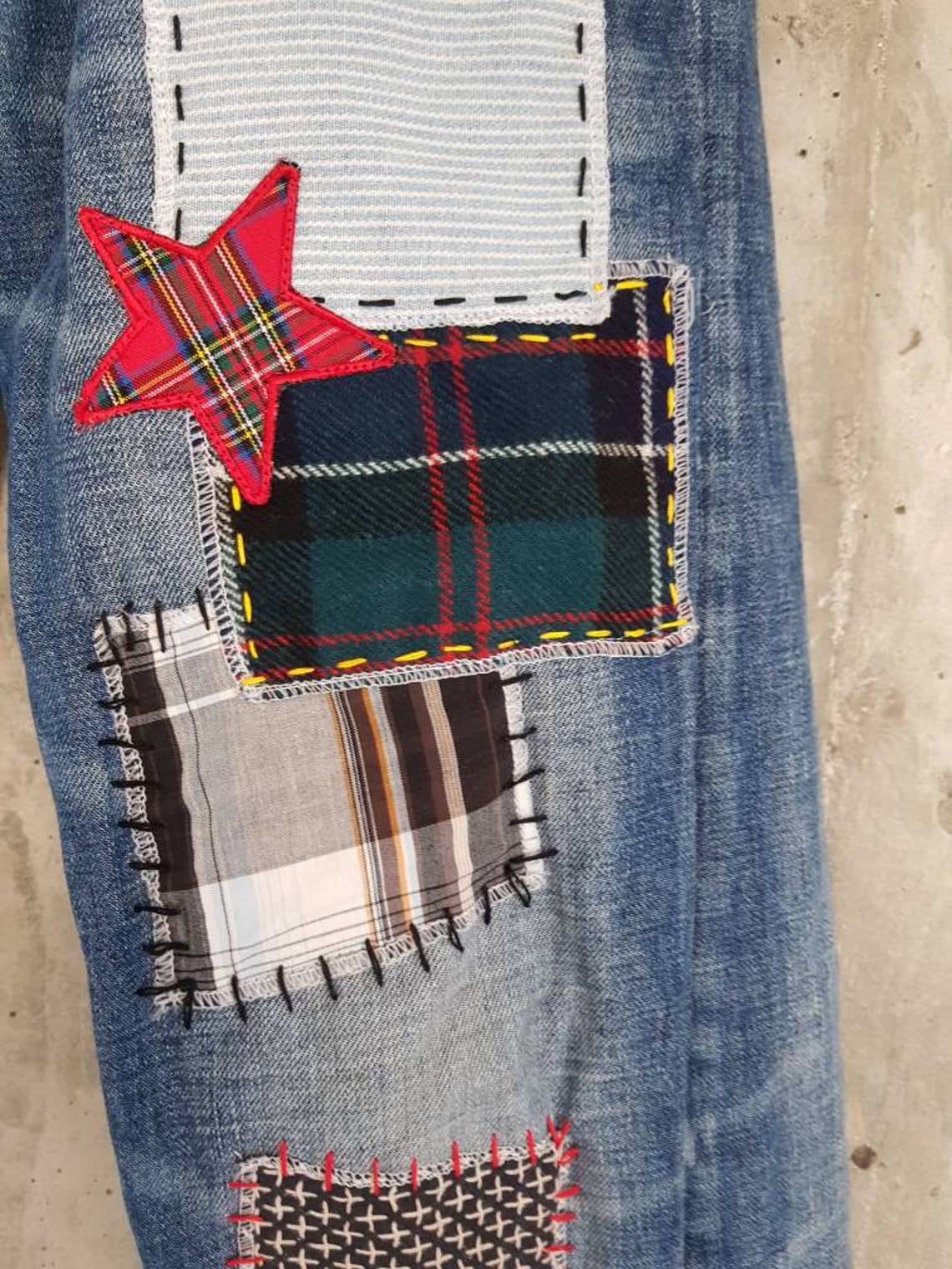 Patched Denim / Patched Jeans / Reworked Vintage Jeans with | Etsy