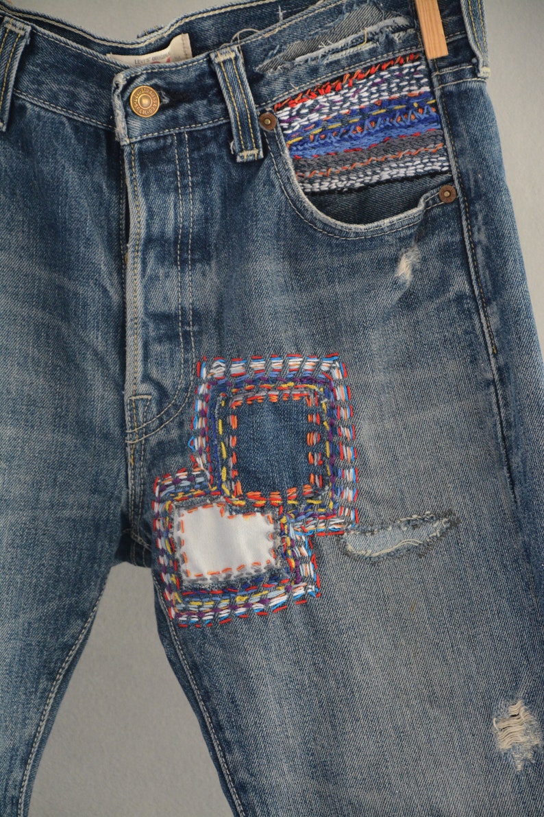 Vintage high waisted light denim pants floral print women | Etsy