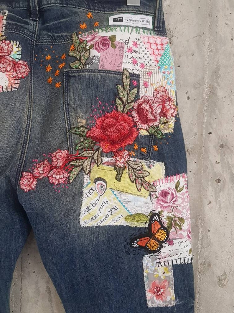Hand Made Patched Denim Embowered Slime Jeans / Reworked - Etsy