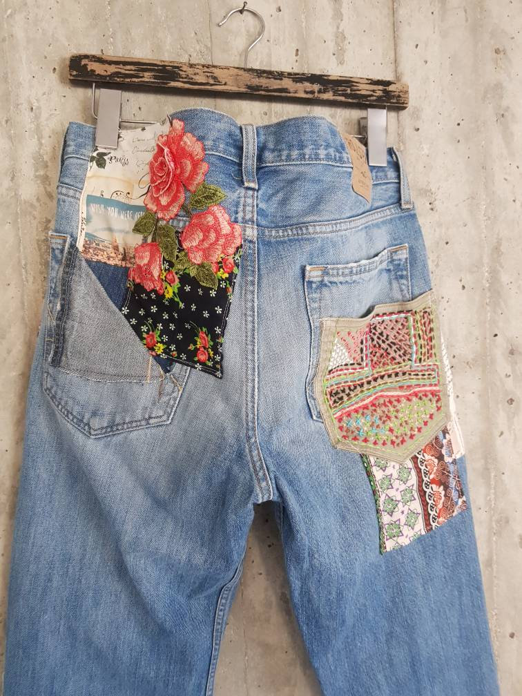 Patched Denim / Patched Jeans / Reworked Vintage Jeans with | Etsy