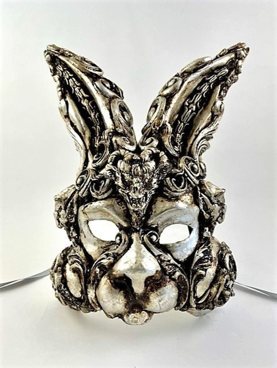 Venetian Handcrafted, Paper Mache Baroque Demonic Rabbit Mask - Silver ...