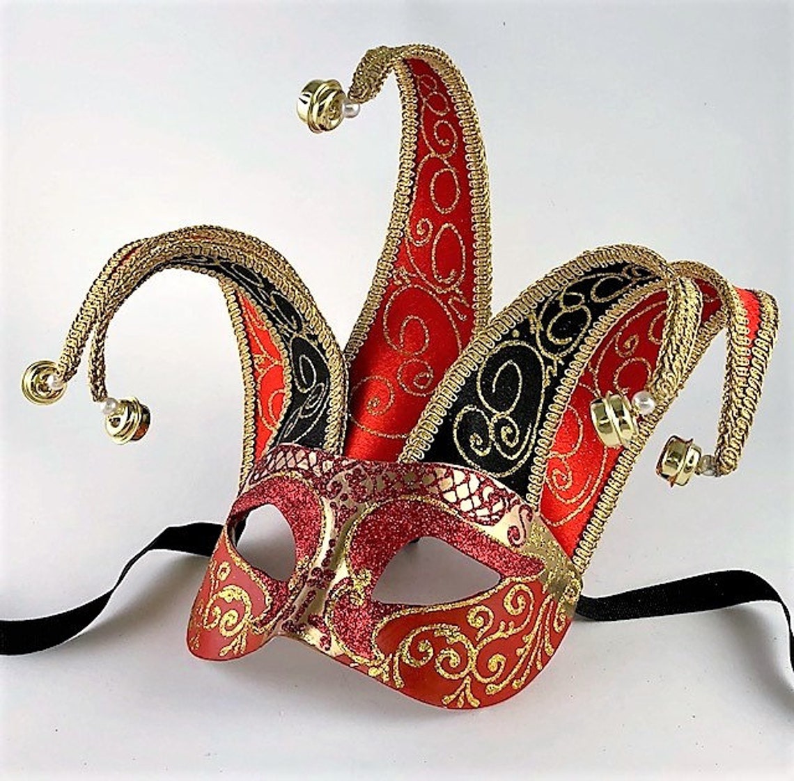 Venetian Half Face Jolly Mask Red Black and Gold Brillante - Etsy