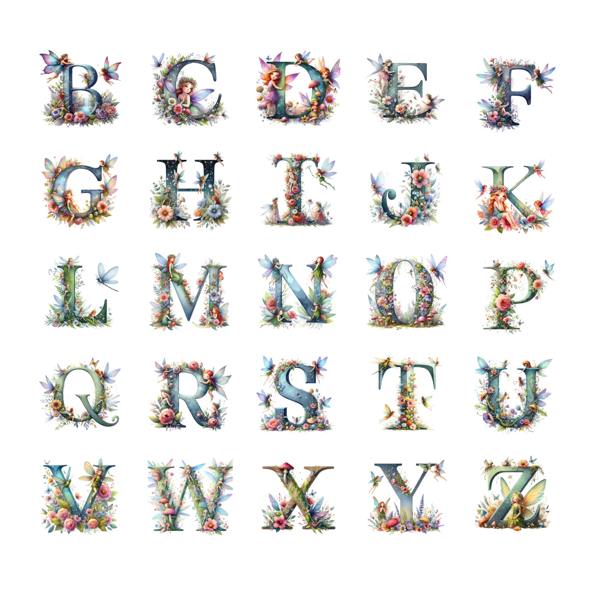 Fairy Alphabet and Numbers PNG, Watercolor, Clip Arts for Commercial ...