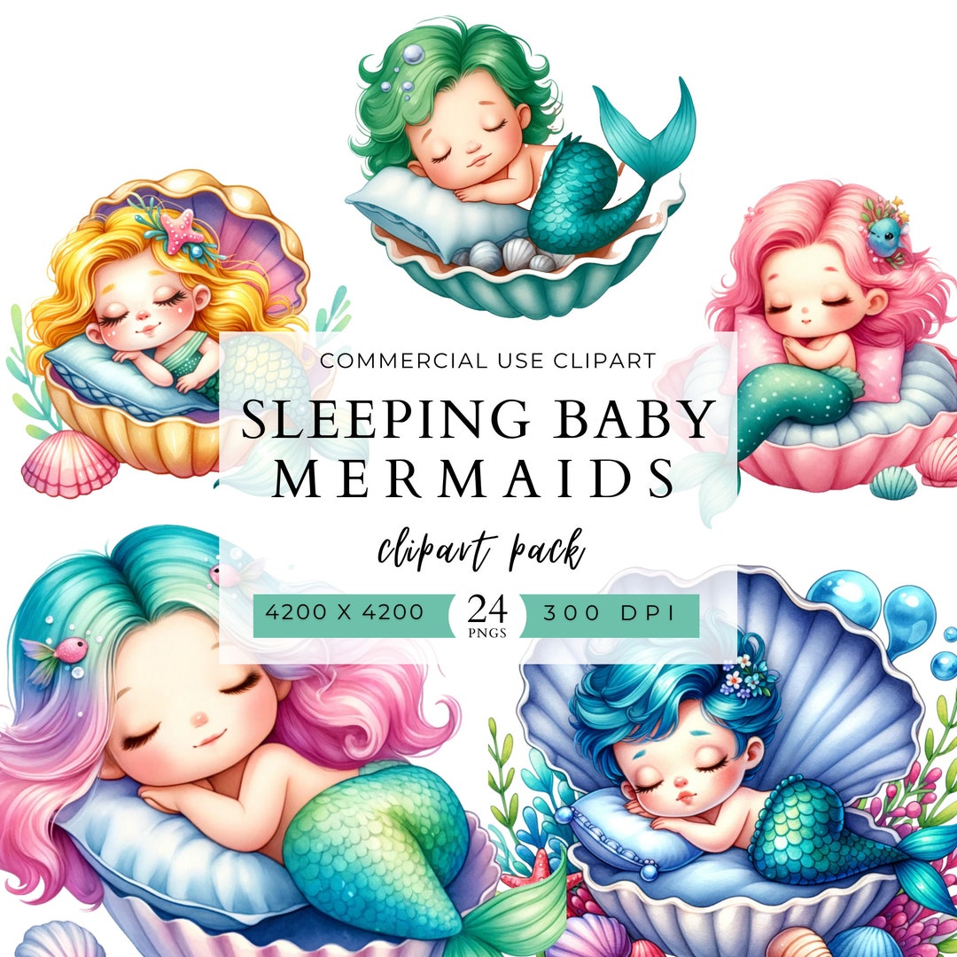 Sleeping Baby Mermaids Clip Art Pack, Commercial Use, PNG Graphics ...