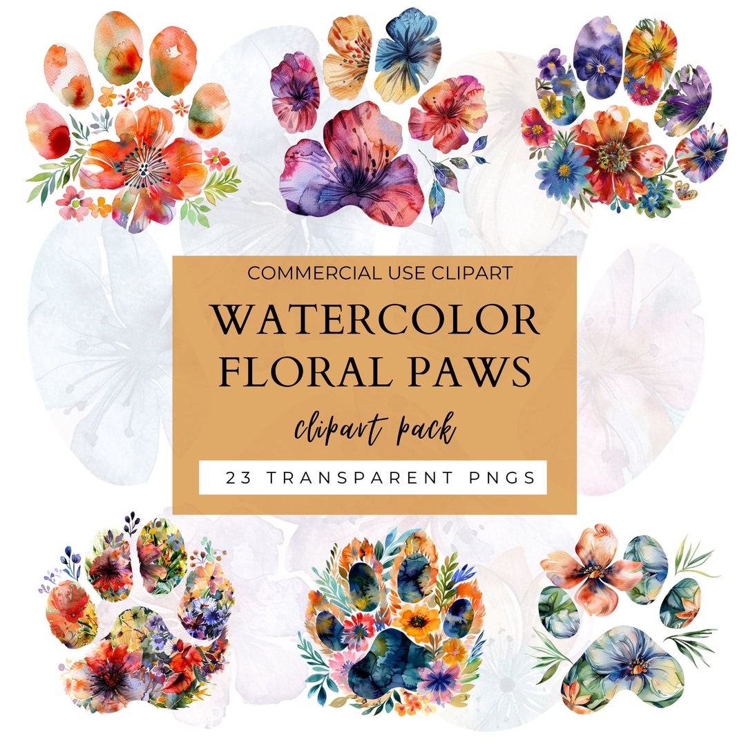 Floral Paws Clip Art Pack, Commercial Use, Pet Lover, Nursery Decor ...