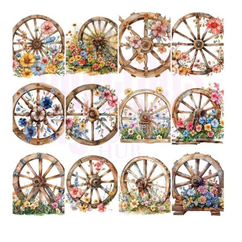 Floral Cart Wheels Clip Art Pack, Commercial Use, Vintage ...
