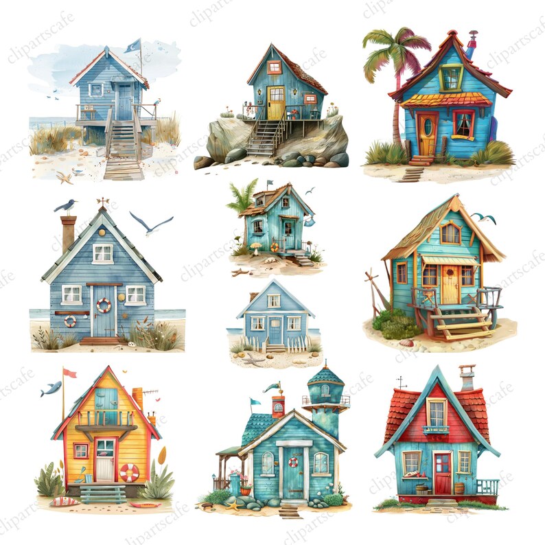 Beach Cottages Clip Art Pack, Pngs, Coastal, Quirky Seaside Houses, DIY ...