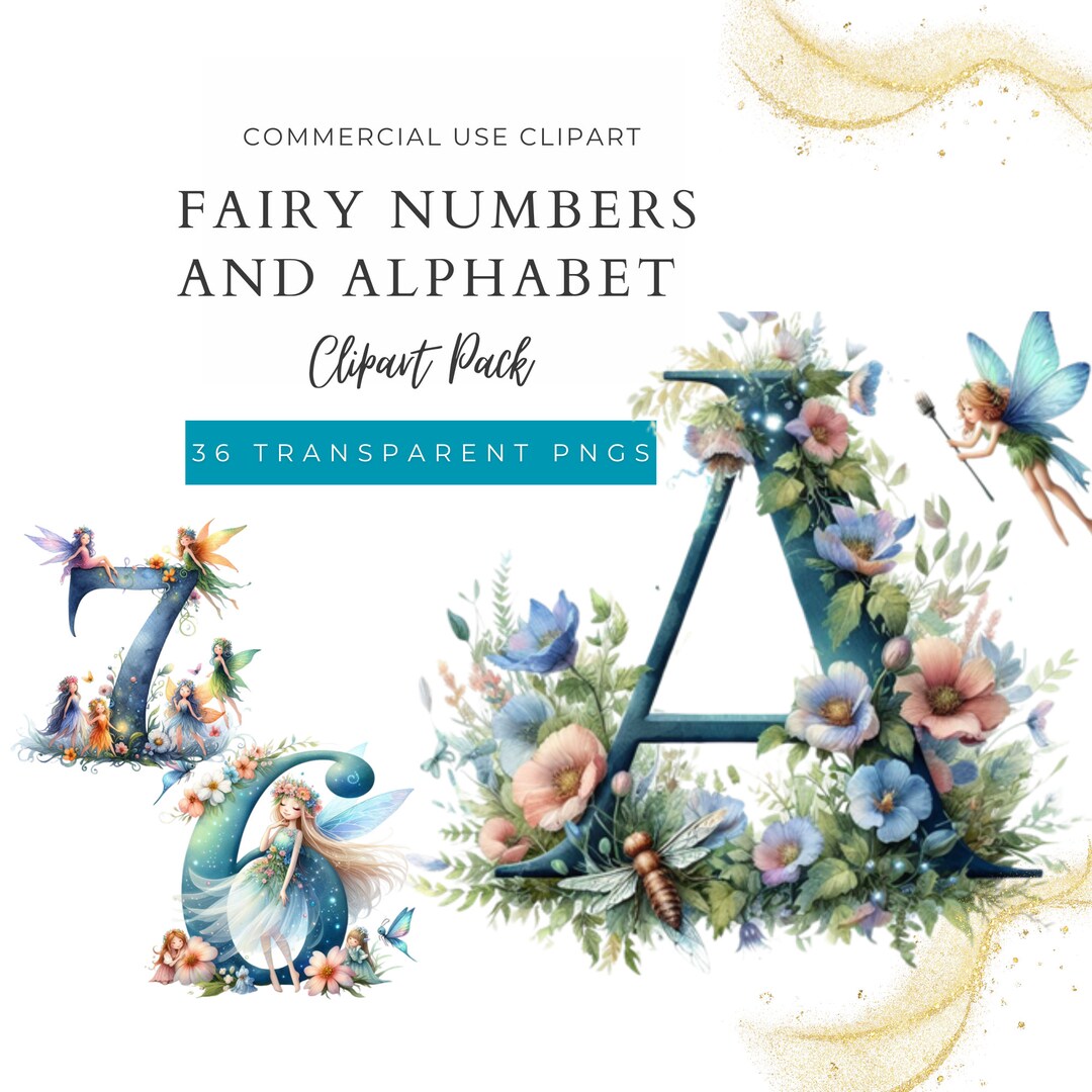Fairy Alphabet and Numbers PNG, Watercolor, Clip Arts for Commercial ...