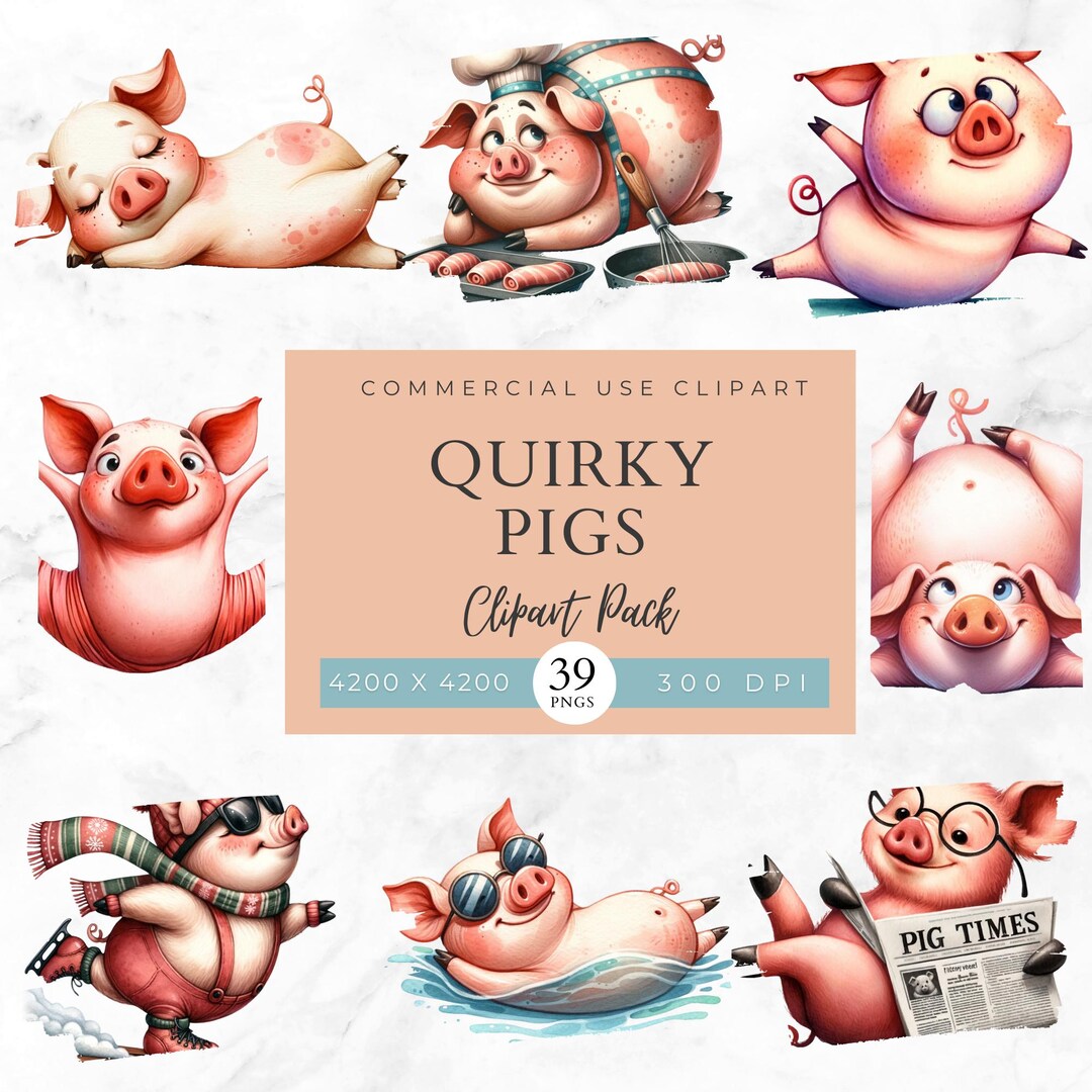 Quirky Pigs Clip Art Pack, Pig Stickers, Whimsical, Funny Pigs ...