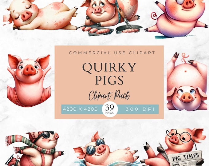 Quirky Pigs on a Fence Clip Art 10 High Res Watercolor Jpgs Junk ...