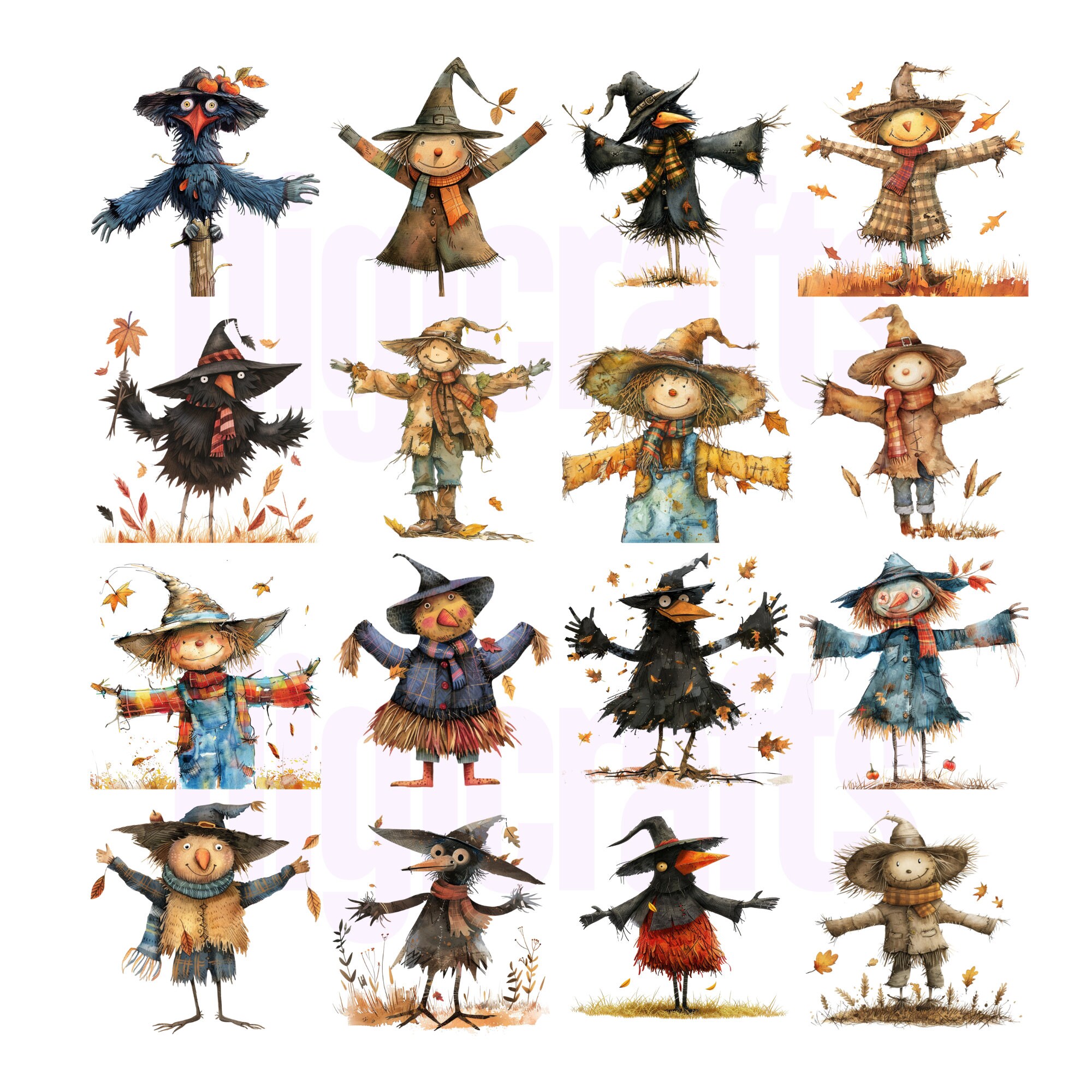 Halloween Scarecrow Clip Art: 28 PNG Graphics, Commercial Use (digital ...