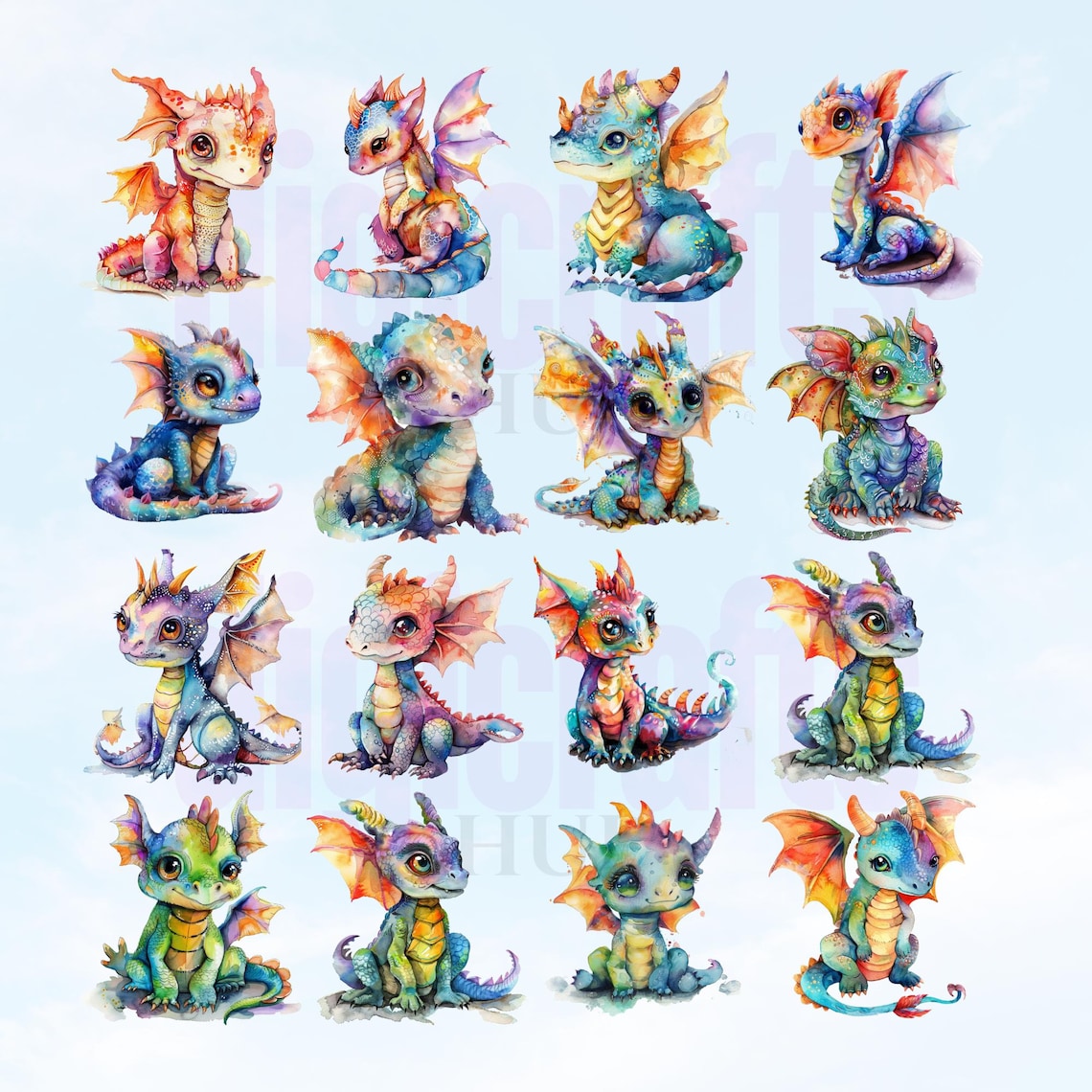 Colorful Baby Dragons Clip Art Pack, Stickers, Whimsical, Commercial ...
