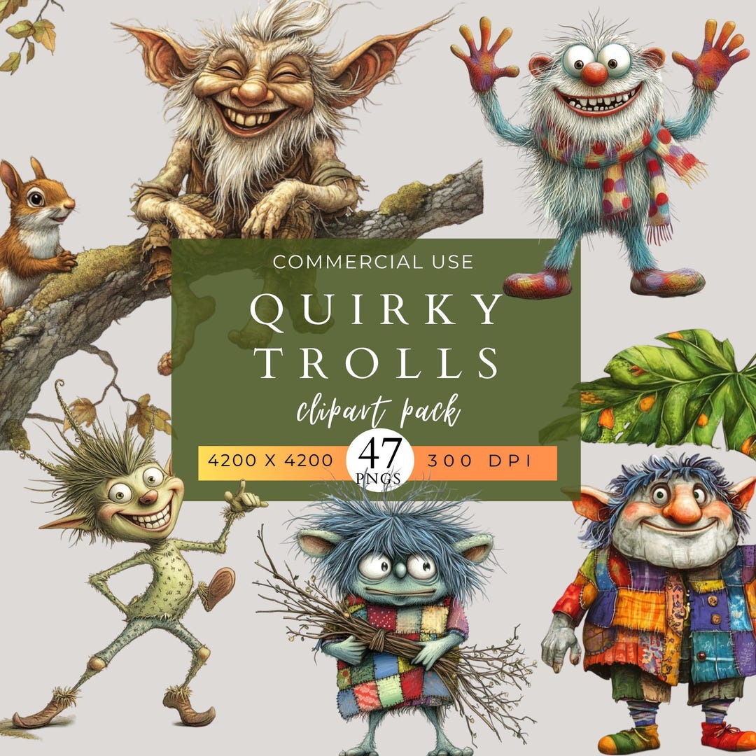 Quirky Trolls Clip Art Pack, Commercial Use, Fantasy Graphics, Playful ...