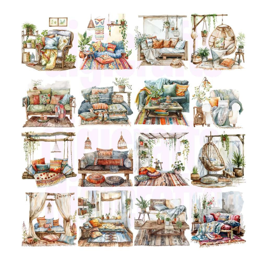 Bohemian Chic Cozy Spaces Clip Art Pack, Commercial Use, Wall Prints ...
