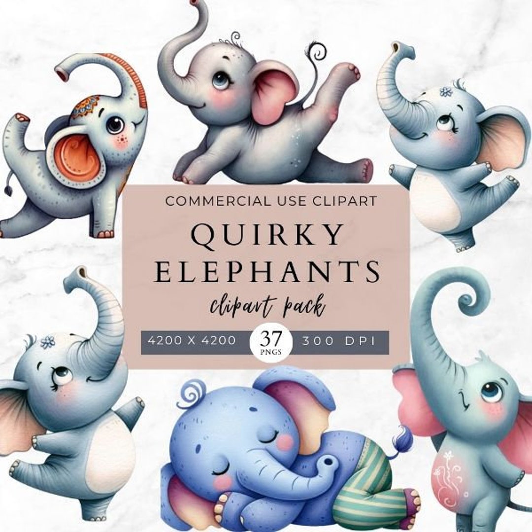 Quirky Elephant Clip Art Pack, Elephant Stickers, Whimsical, Funny ...