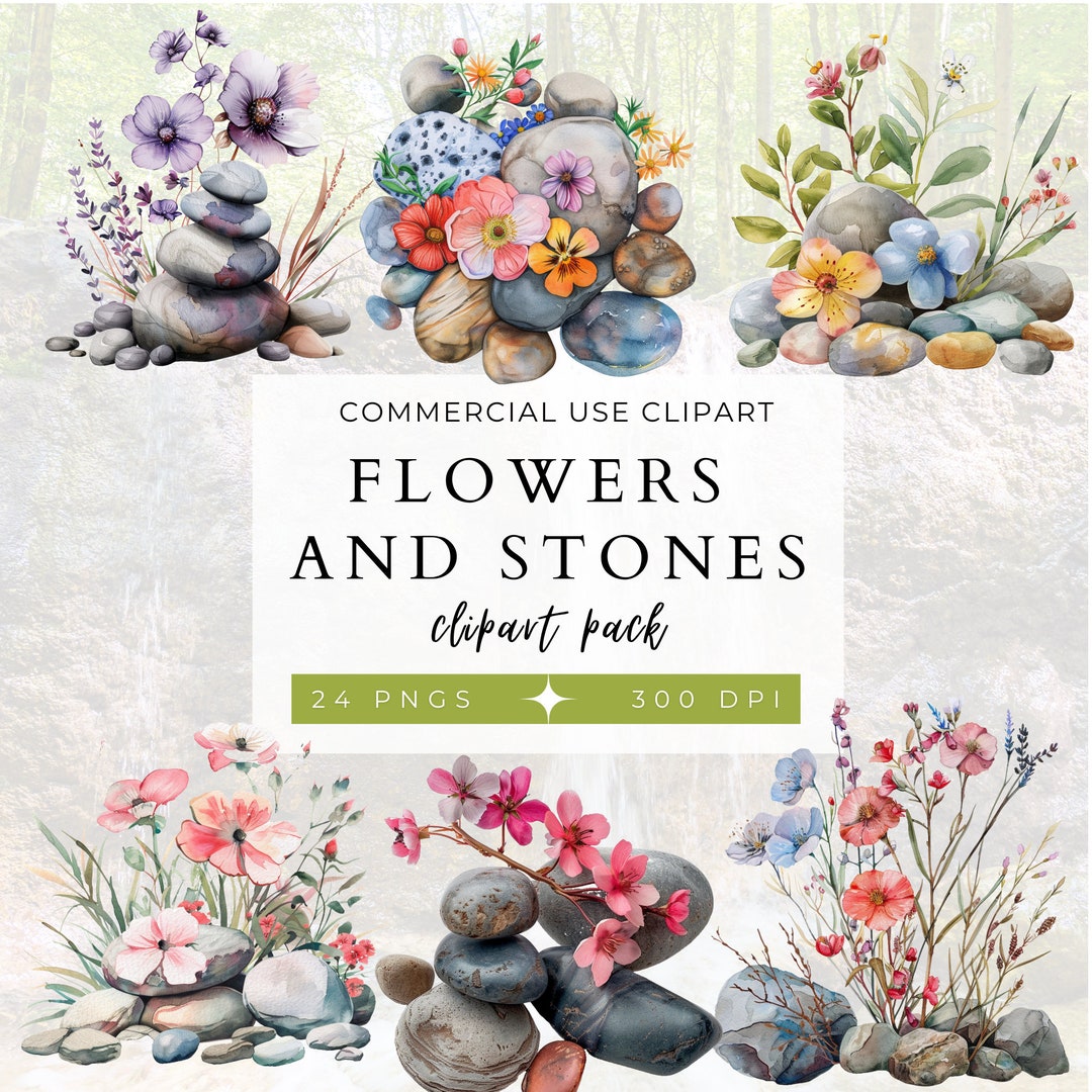 Flowers and Stones Clip Art Pack, Commercial Use, Wildflowers, Flora ...