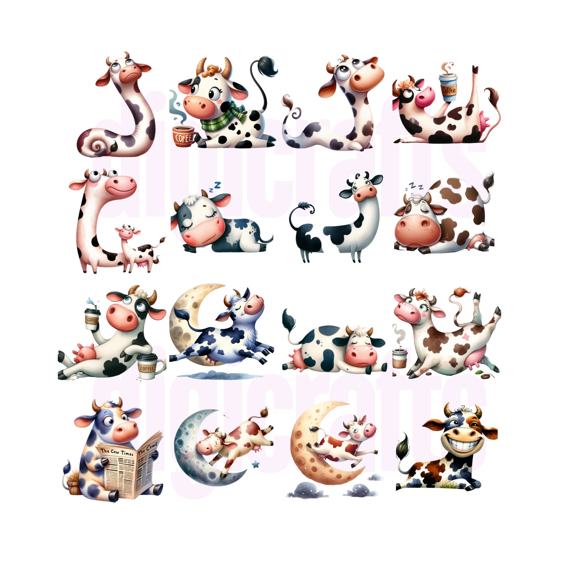 Quirky Cow Clip Art Pack, Cow Stickers, Whimsical, Funny Cows ...