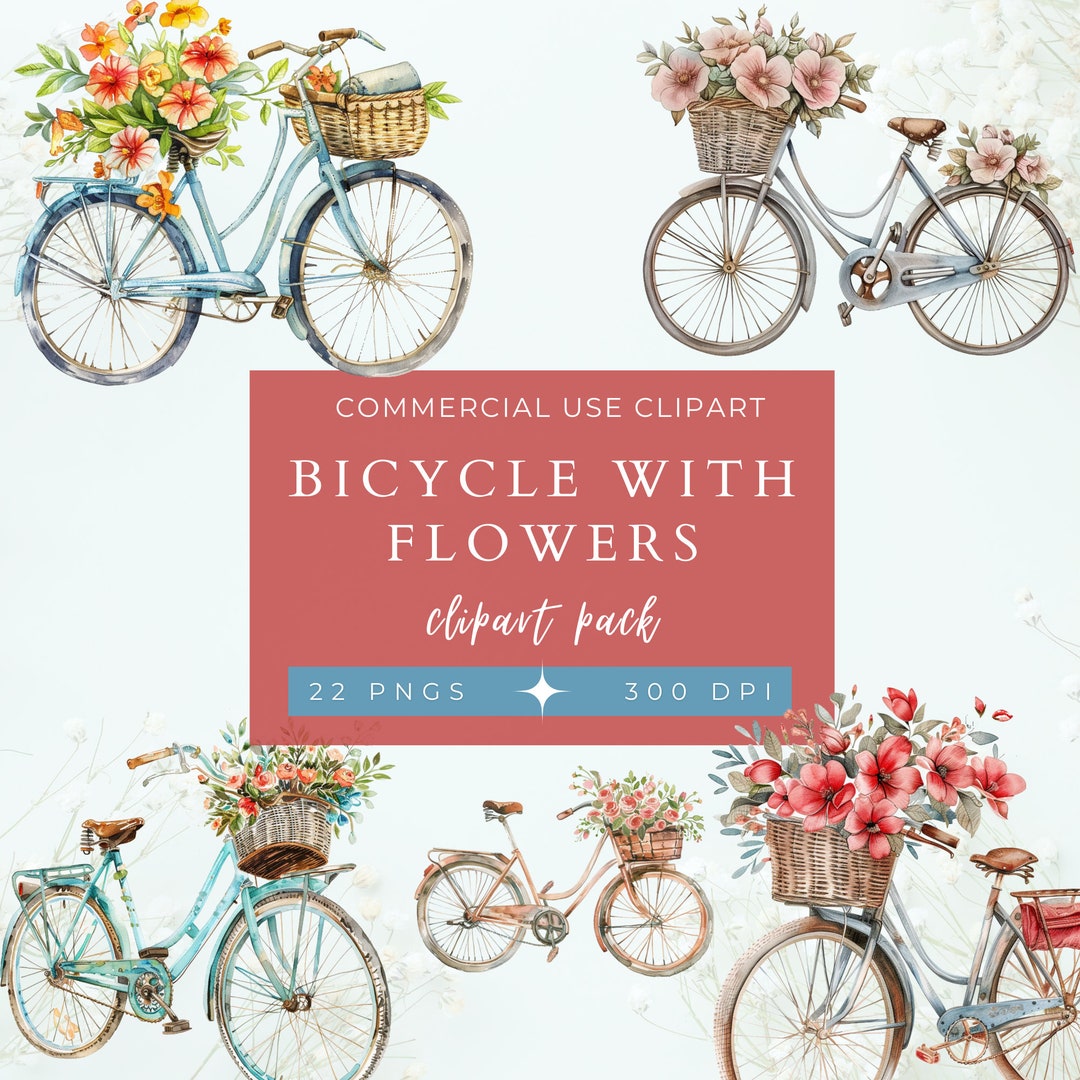 Bicycles With Flowers Clip Art Pack, Commercial Use, Vintage ...