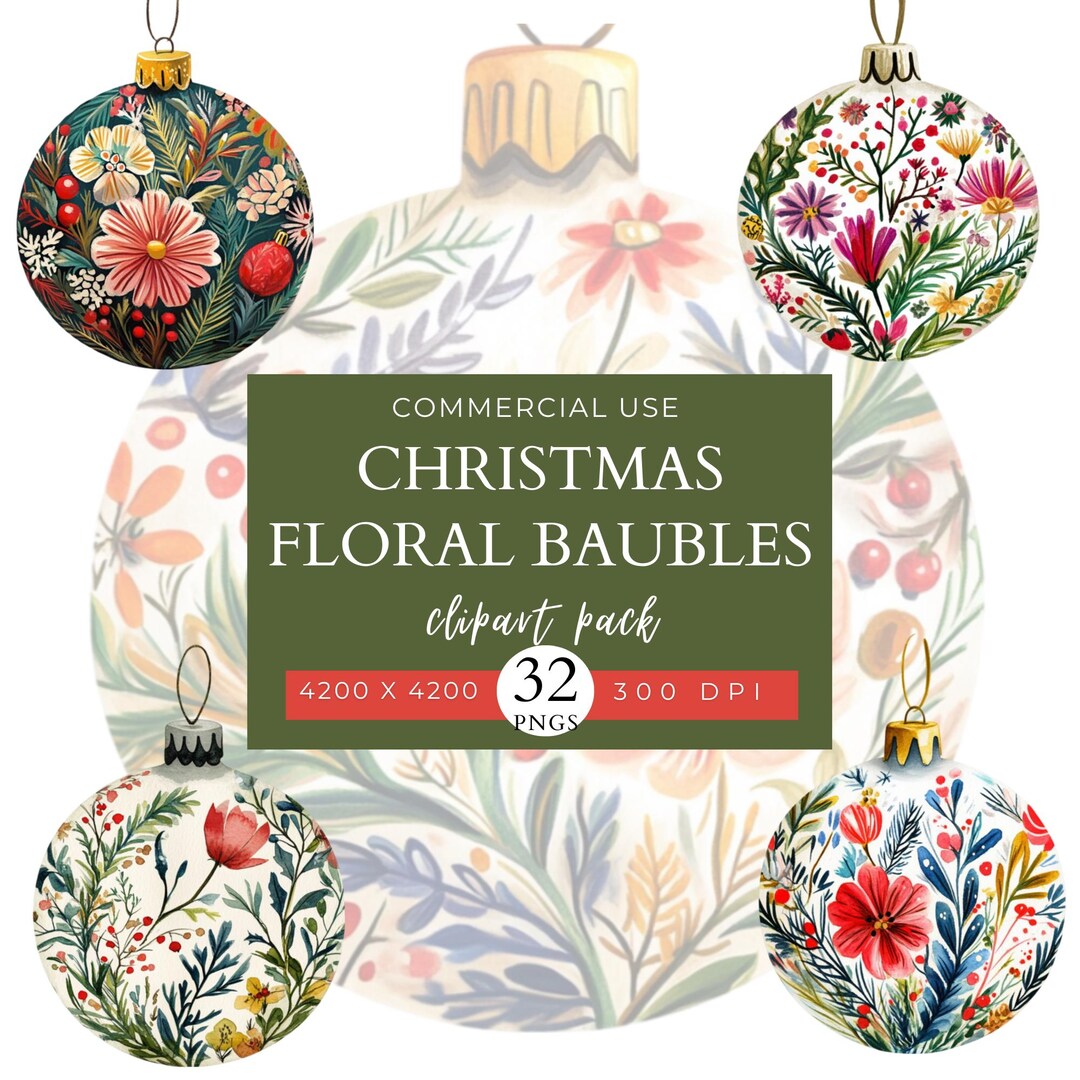 Christmas Floral Baubles Clip Art Pack, Commercial Use, Festive ...