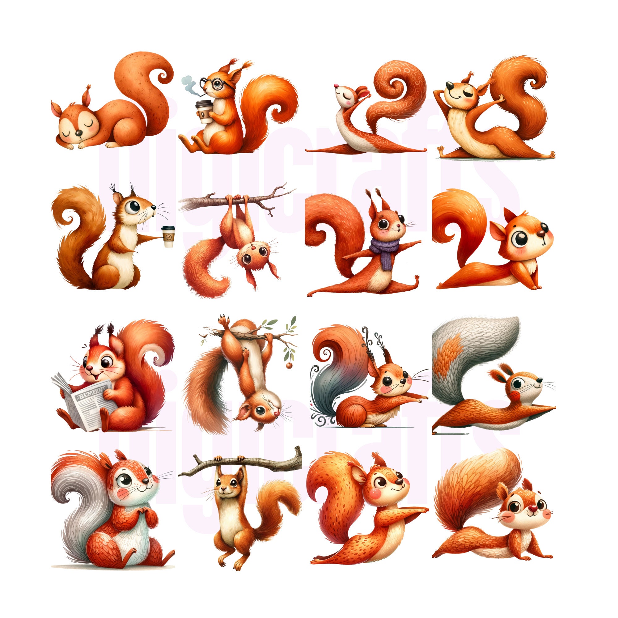 Quirky Squirrel Clip Art Pack, Squirrel Stickers, Whimsical, Funny ...